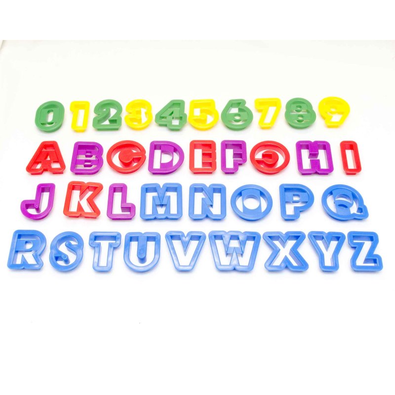 Alphabet & Numbers Cookie Cutters - 36 piece tub | Lollipop Cake Supplies